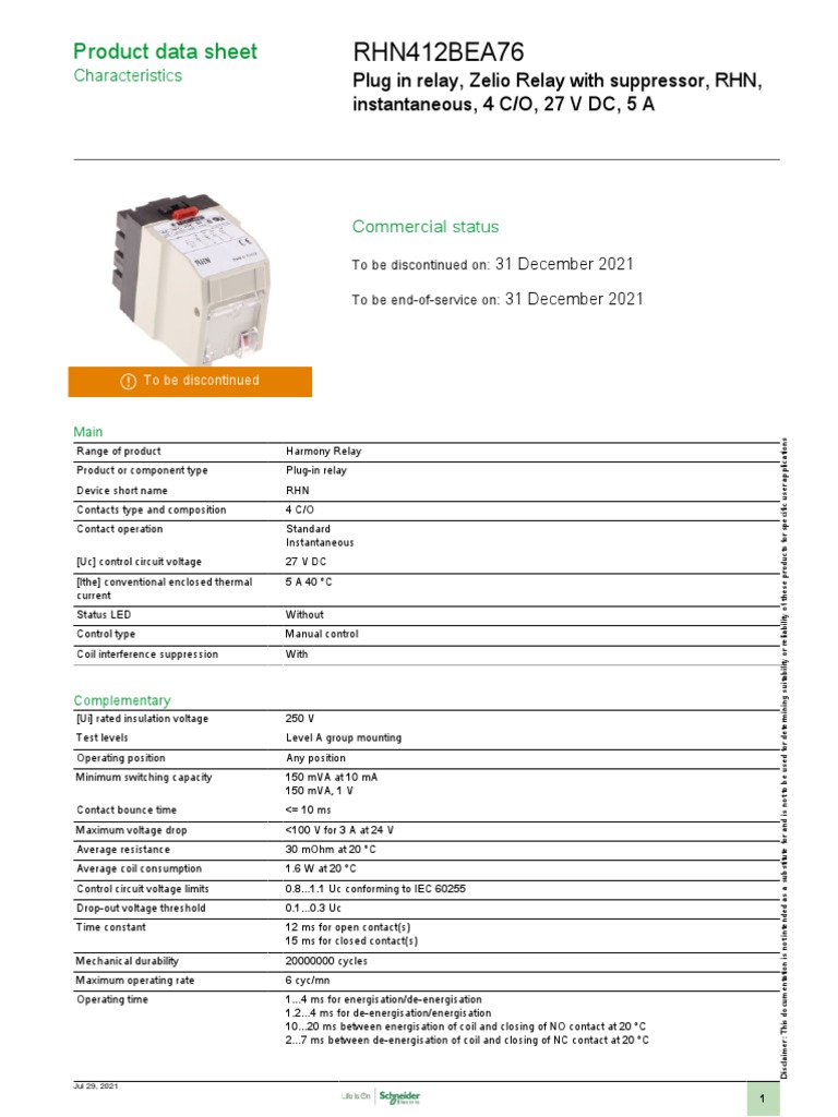 Discontinued RHN412BEA Plug Relay Data Sheet | PDF | Relay | Electrical ...