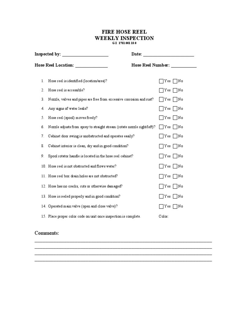 Weekly Fire Hose Reel Inspection Report Detailing 15 Checkpoints for ...