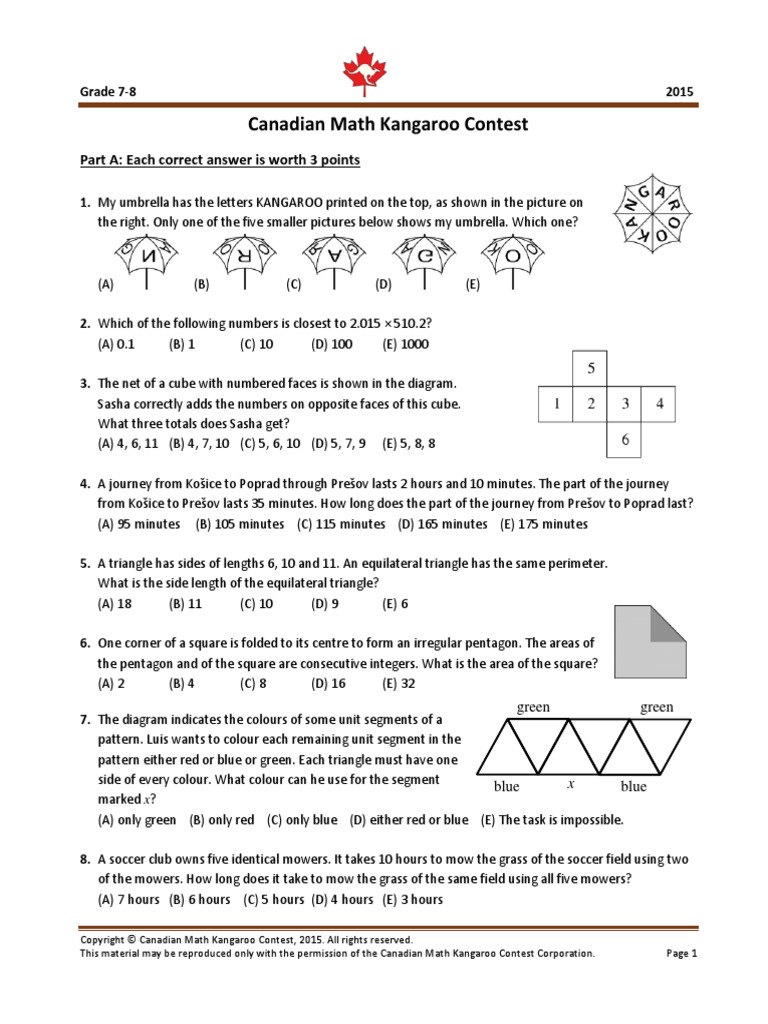 Canadian Math Kangaroo Contest: Part A: Each Correct Answer Is Worth 3 ...