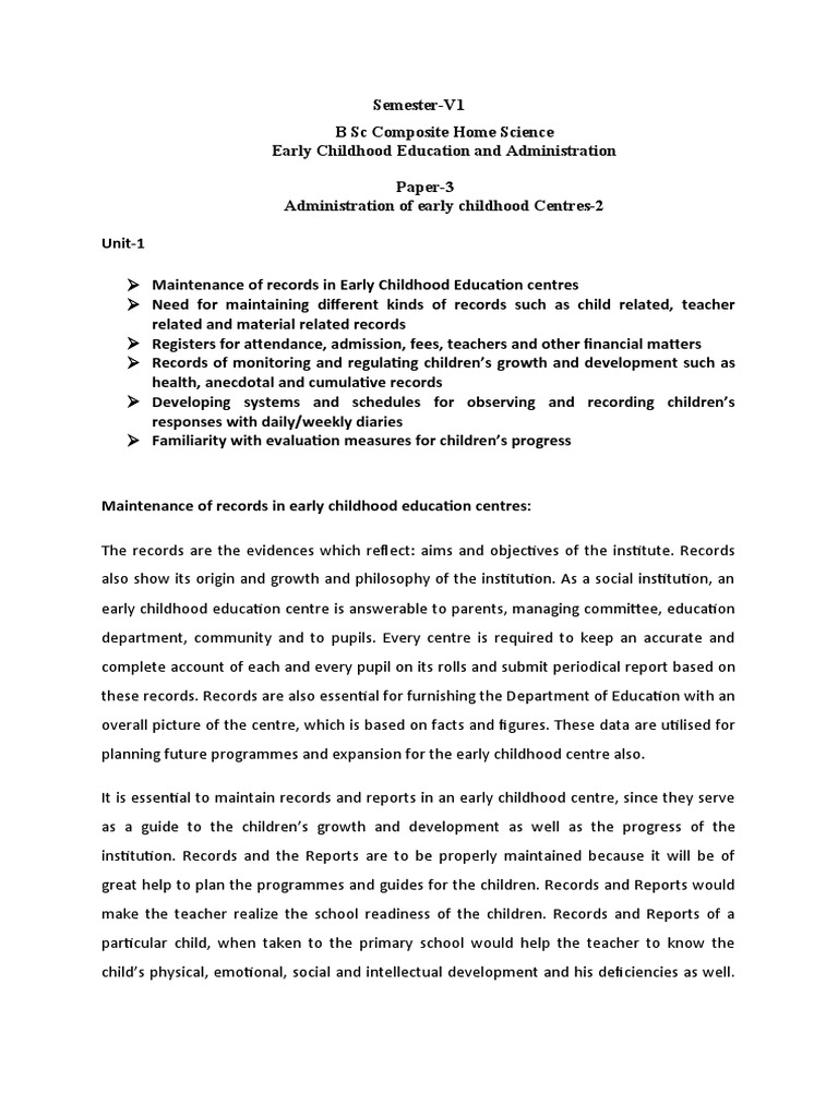 Unit-1 Maintenance of Records in Early Childhood Education Centres ...