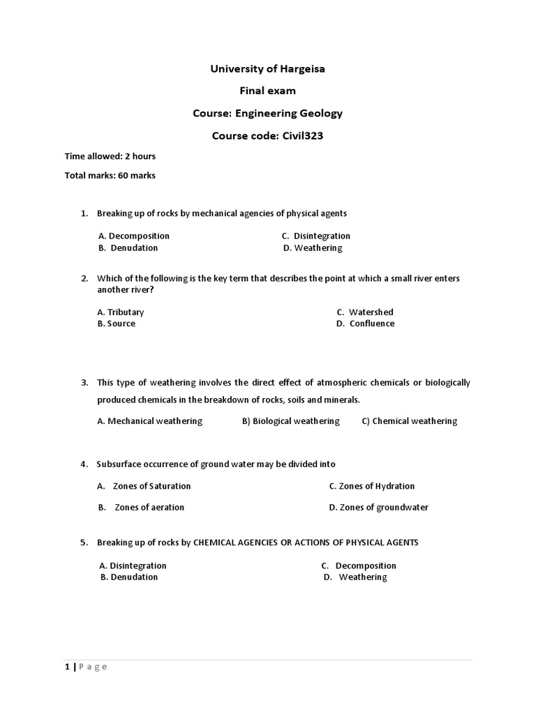 Final Exam Engineering Geology | PDF | Concrete | Weathering