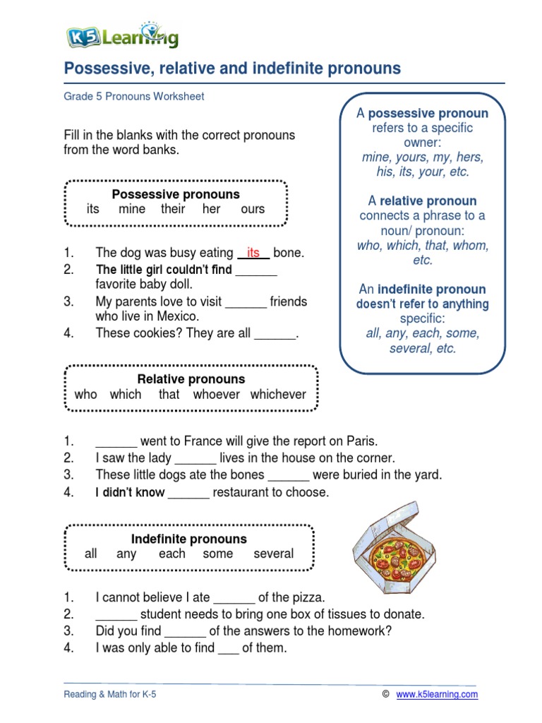 Grade 5 Pronouns Possessive Relative Indefinite A | PDF | Pronoun ...