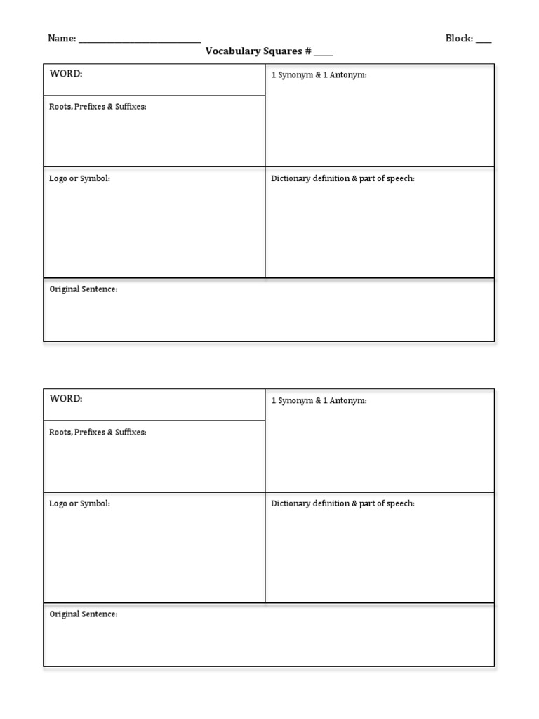 Vocabulary Squares Template | PDF | Language Arts & Discipline