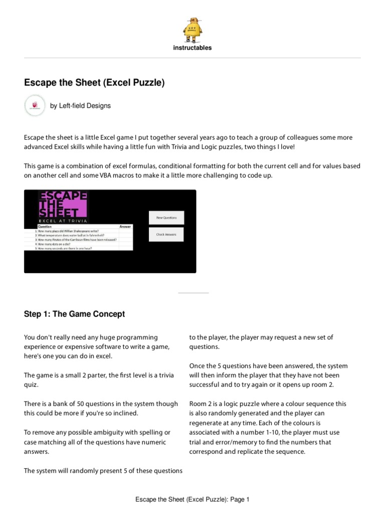 Escape The Sheet (Excel Puzzle) : Step 1: The Game Concept | PDF ...
