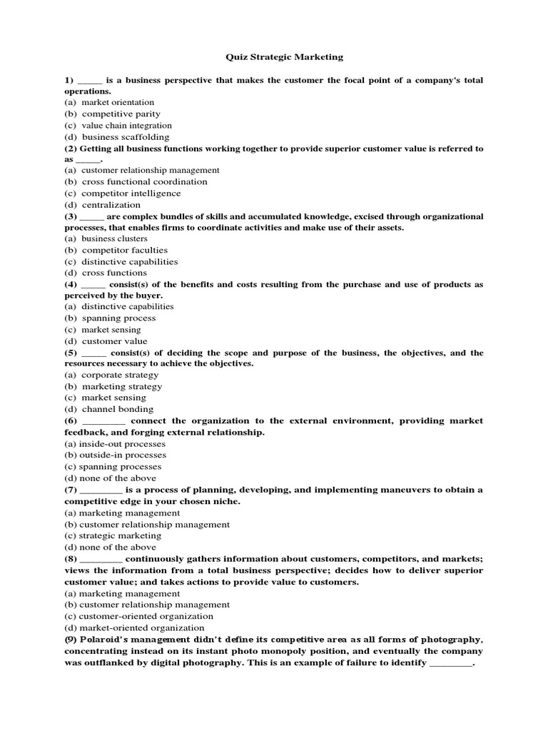 Strategic Marketing Quiz Questions | PDF | Marketing | Market (Economics)