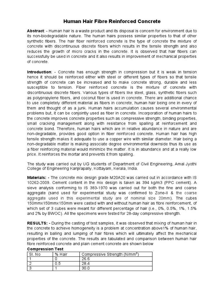 Human Hair Fibre Reinforced Concrete | PDF | Concrete | Reinforced Concrete