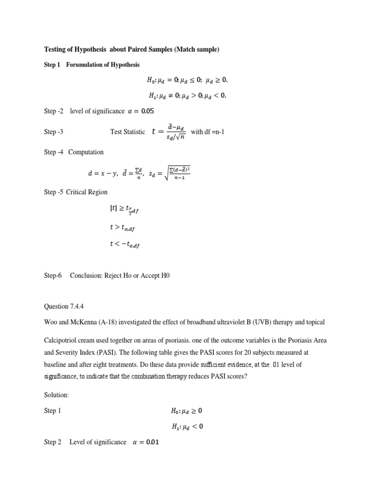 Testing of Hypothesis Concerning Paired Samples | PDF | Psoriasis ...