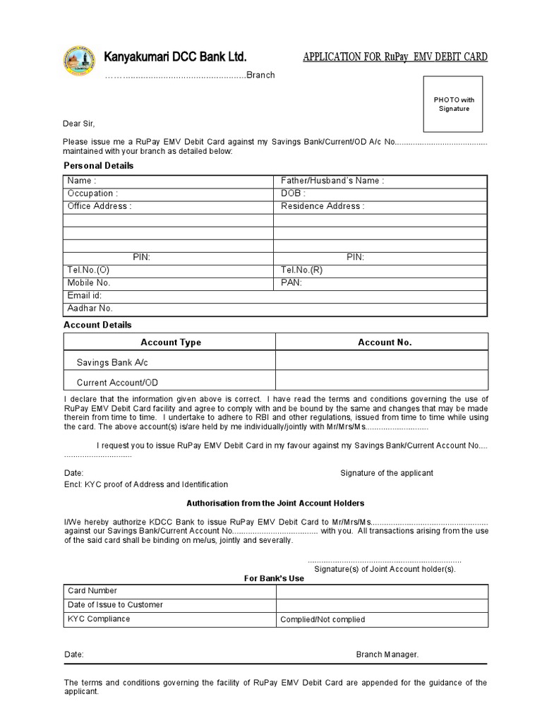 KDCC Bank ATM Debit Card Application | PDF | Emv | Debit Card