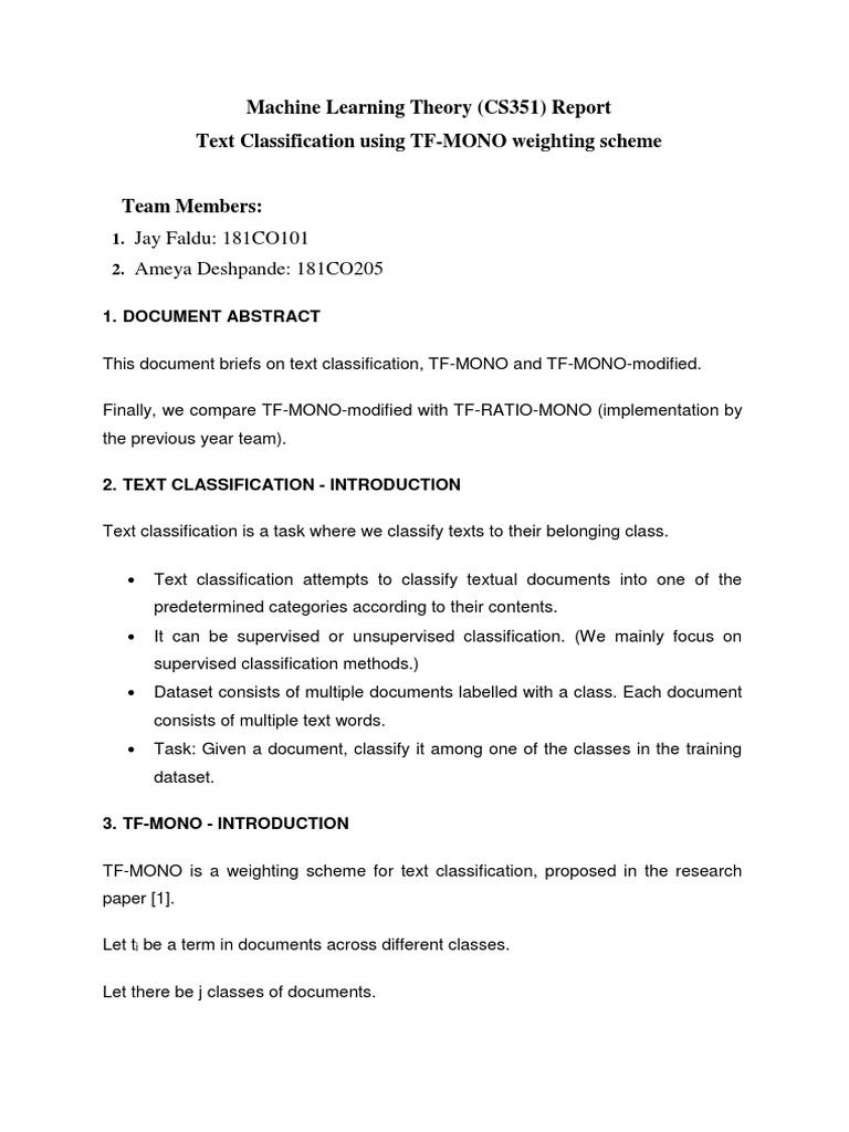 Machine Learning Theory (CS351) Report Text Classification Using TF-MONO Weighting Scheme | PDF ...