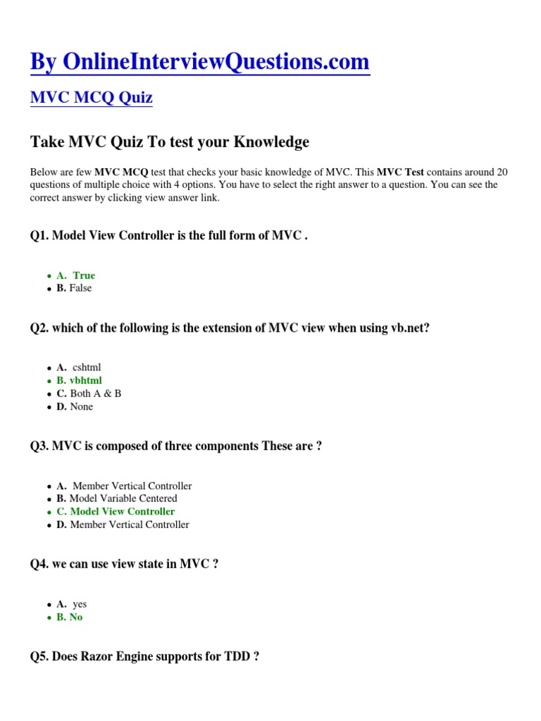 MVC MCQ Quiz | PDF | Model–View–Controller | Multiple Choice