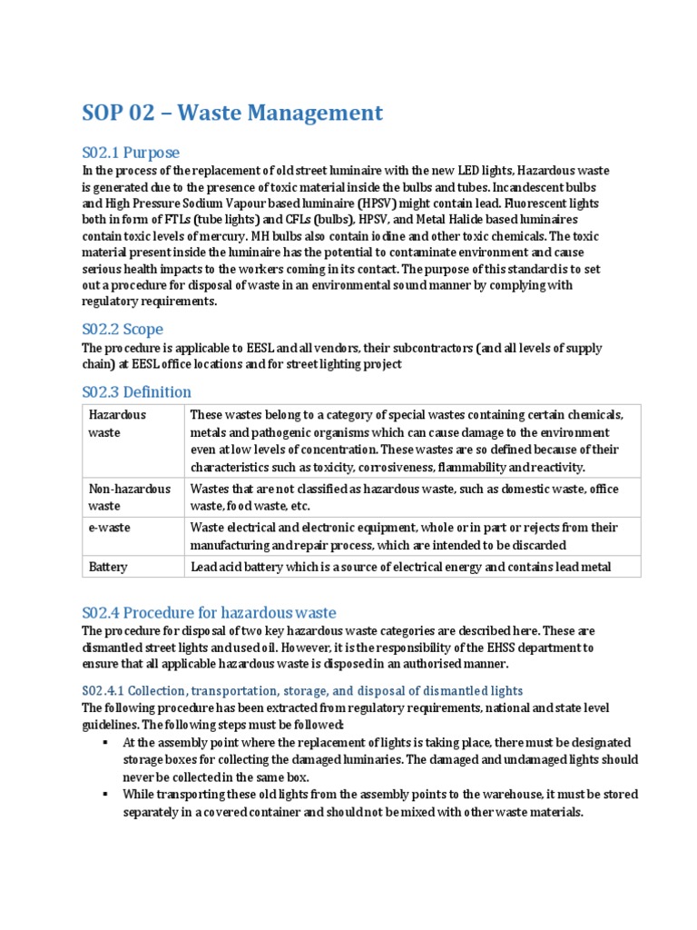 SOP 02 - Waste Management | PDF | Waste Management | Waste