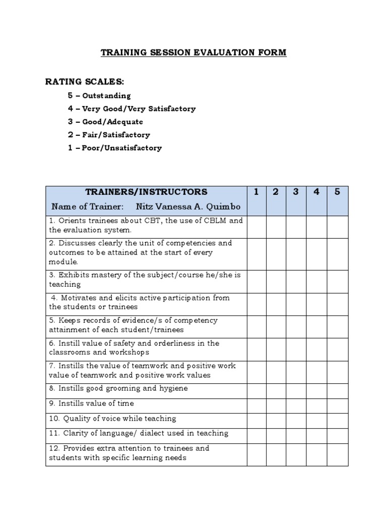 Training Session Evaluation Form Rating Scales:: Name of Trainer: Nitz Vanessa A. Quimbo | PDF ...