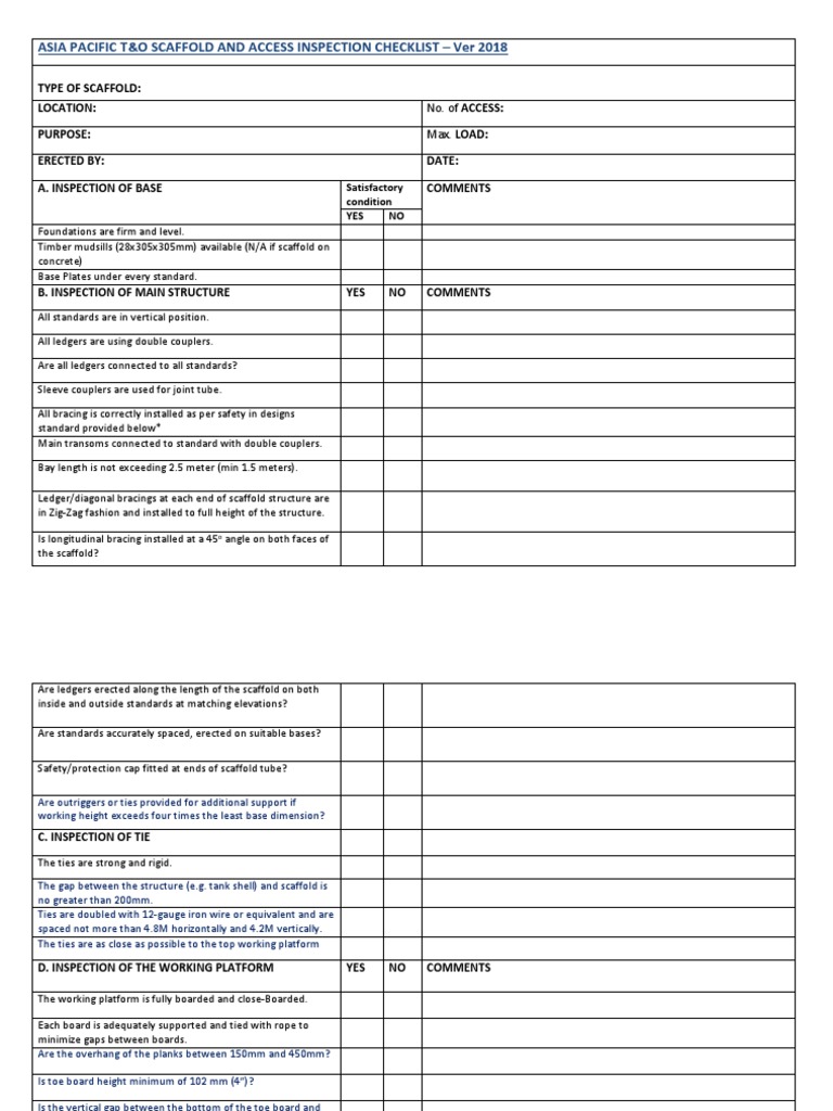 2018 Scaffold and Access Inspection Checklist F | PDF | Scaffolding ...