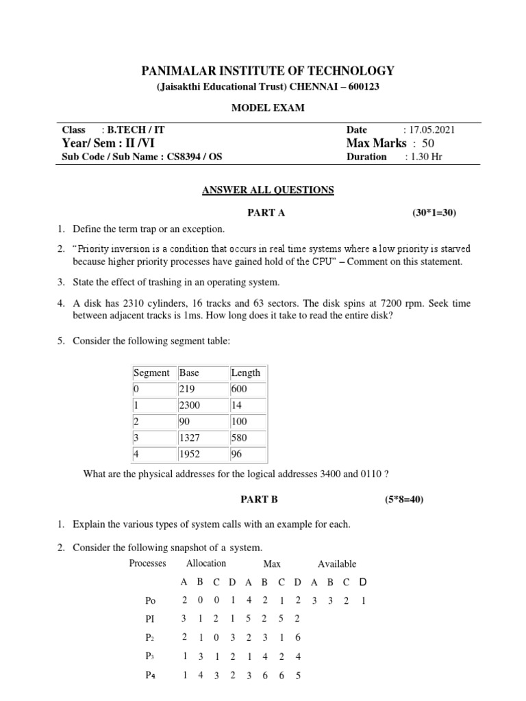 Model Exam for OS - B.Tech IT | PDF | Scheduling (Computing) | Computer ...