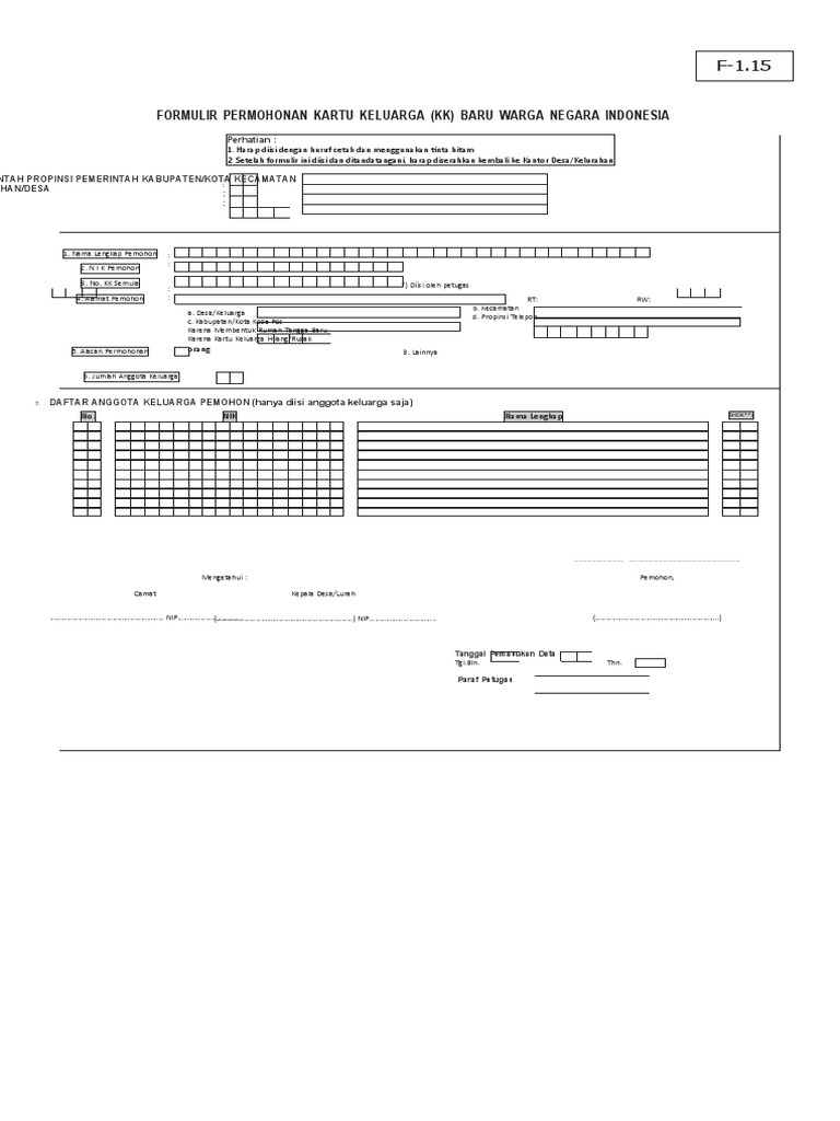 F-1.15 Formulir Permohonan Kartu Keluarga (KK) Baru Wni | PDF F-1.15 Formulir Permohonan Kartu Keluarga (KK) Baru Wni | PDF