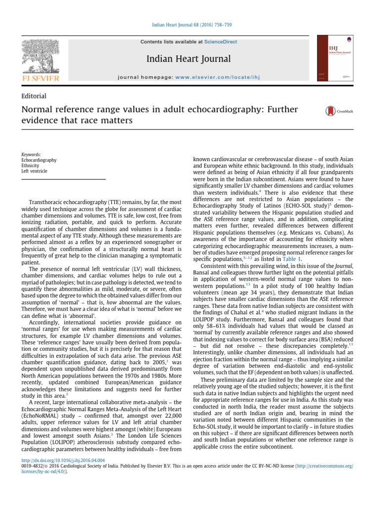 Normal Reference Range Values in Adult Echocardiography F - 2016 - Indian Heart | PDF ...