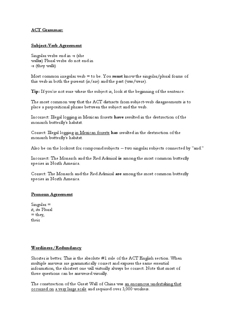 ACT Grammar: Subject-Verb Agreement Tips | PDF