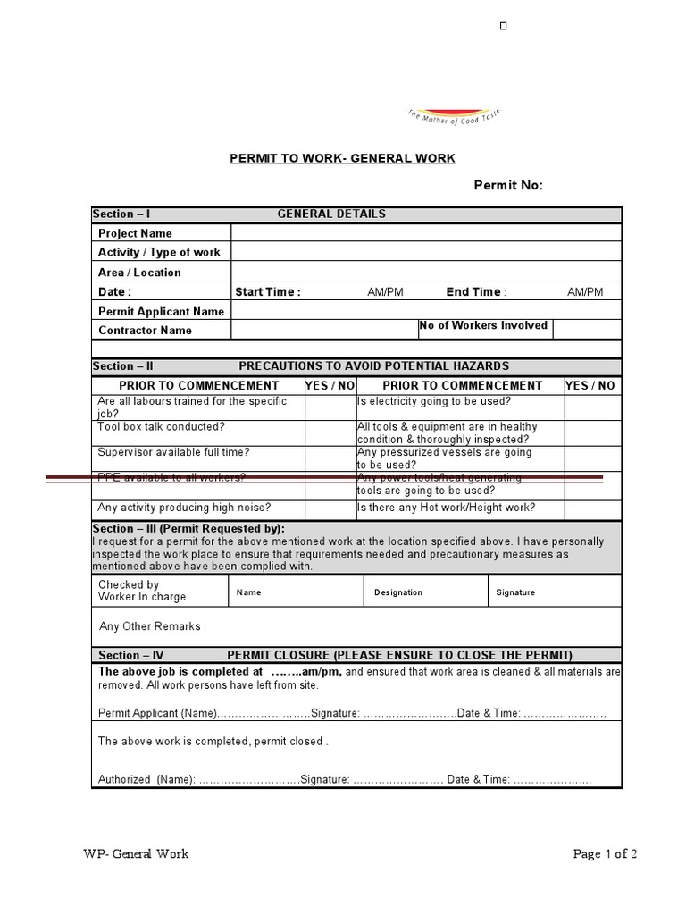 General Work Permit Template | PDF | Safety