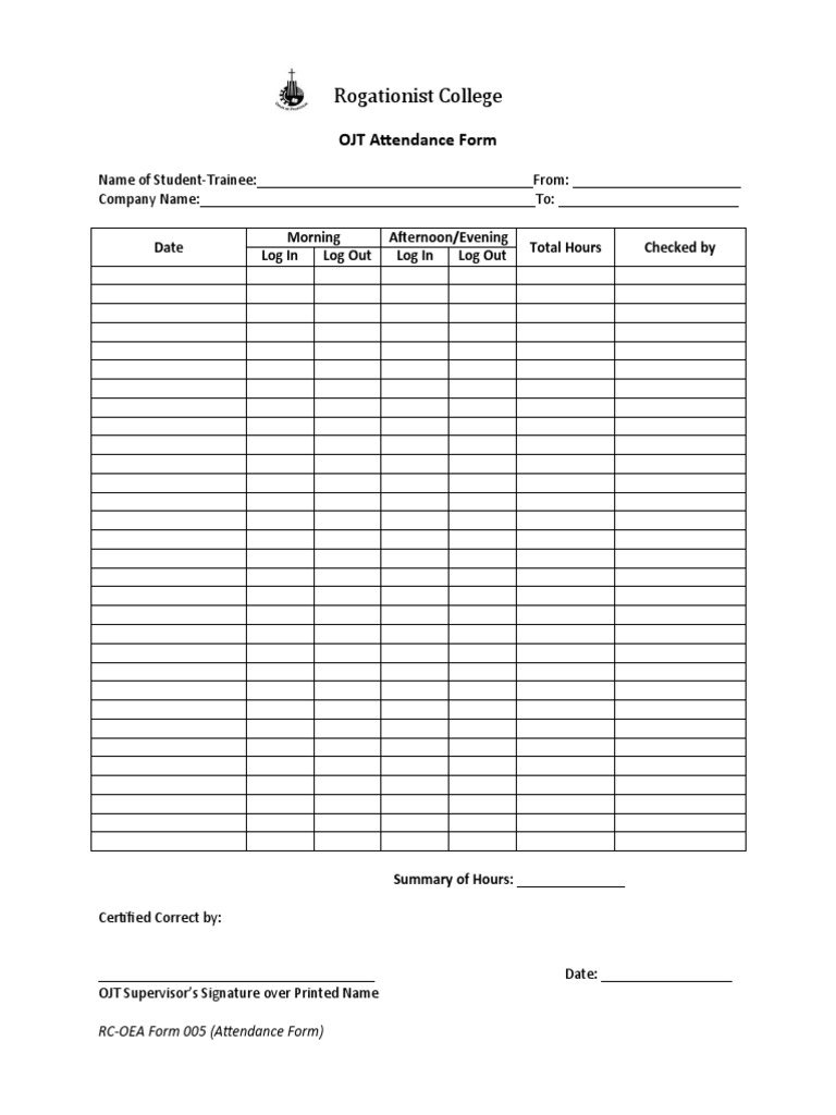 Rogationist College: OJT Attendance Form | PDF
