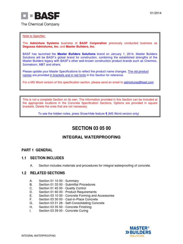 BASF Master Builders Solutions Integral Waterproofing Guide Specifications 941508 | PDF ...
