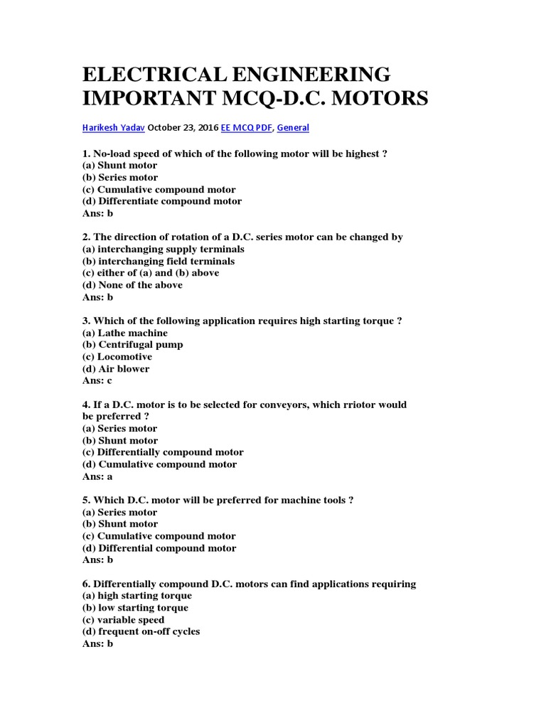 DC Motor MCQs for Electrical Engineers | PDF | Electric Motor ...