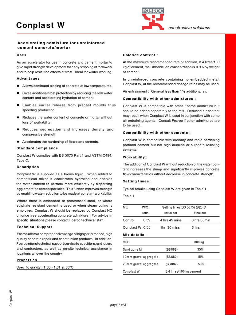 Conplast W: Accelerating Admixture For Unreinforced Cement Concrete ...
