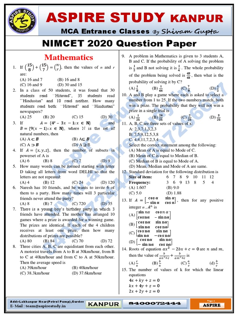 NIMCET 2020 Mathematics Question Paper | PDF | Triangle | Trigonometric ...