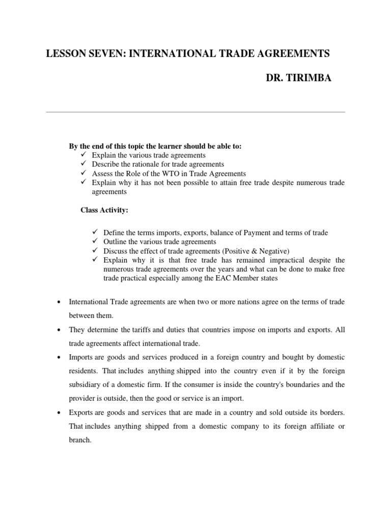 Lesson Seven International Trade Agreements | PDF | Trade Agreements ...