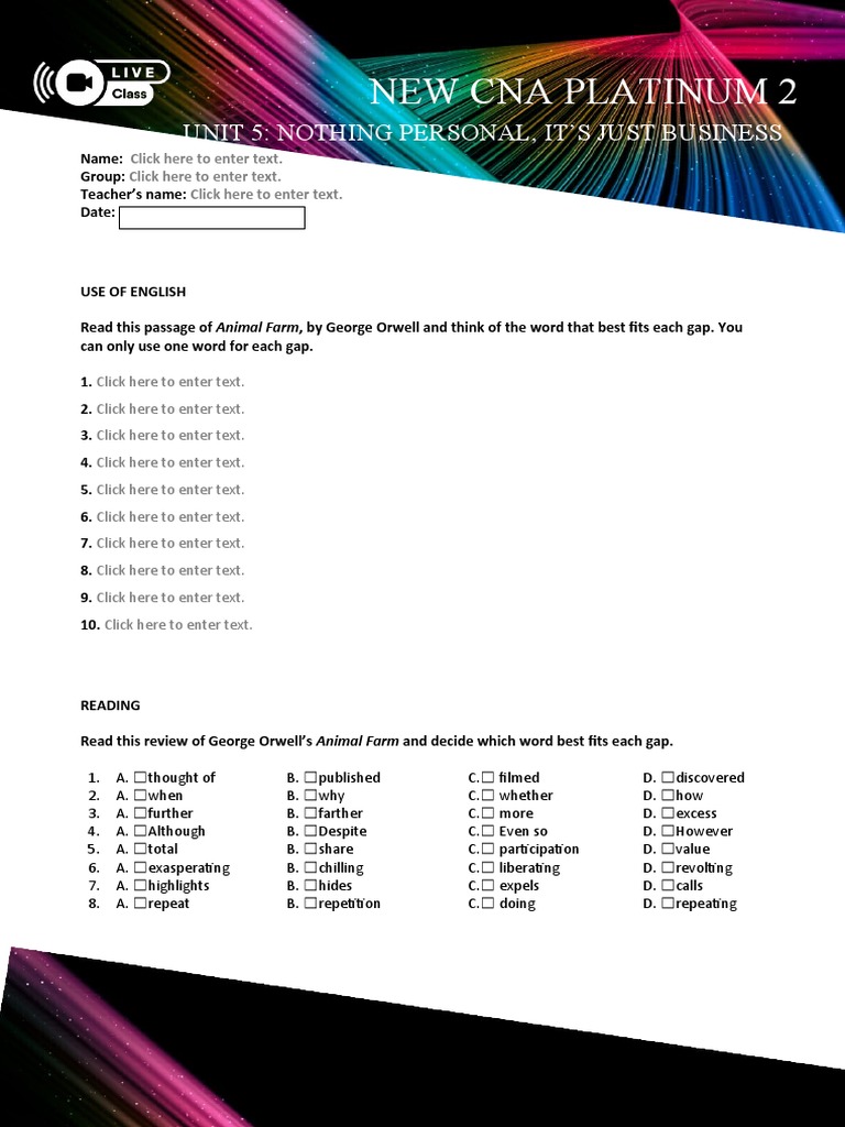 CNA Live Class - Master in English 2 - New CNA Platinum 2 - Activity Book - Unit 5 | PDF