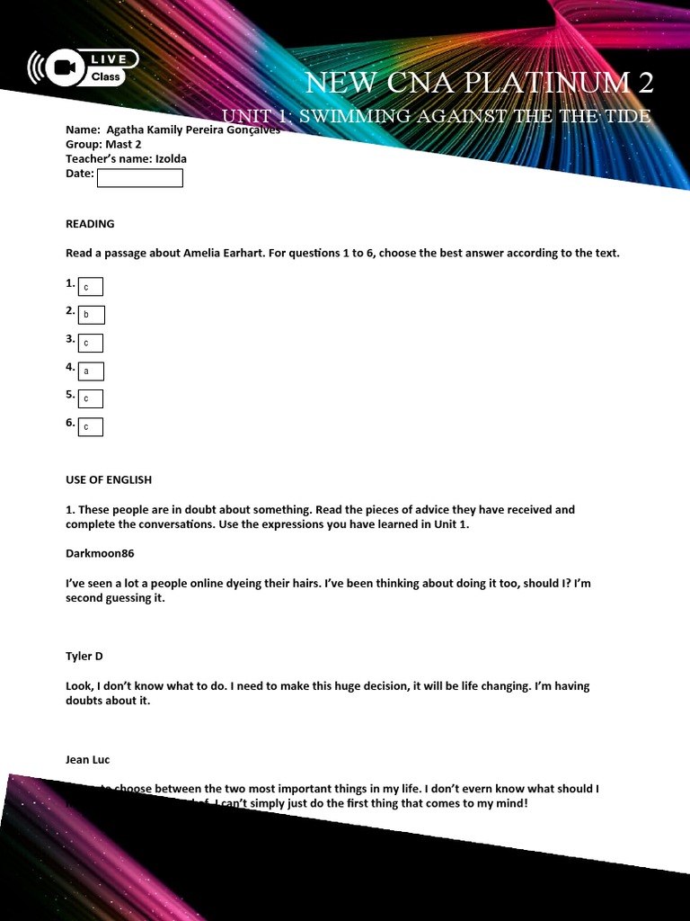 A Student's Reflection: Performance in Unit 1 and Expectations for New ...