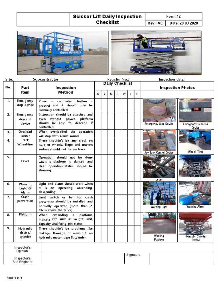 Form-162-Scissor Lift Daily Inspection Checklist | PDF | Vehicle ...