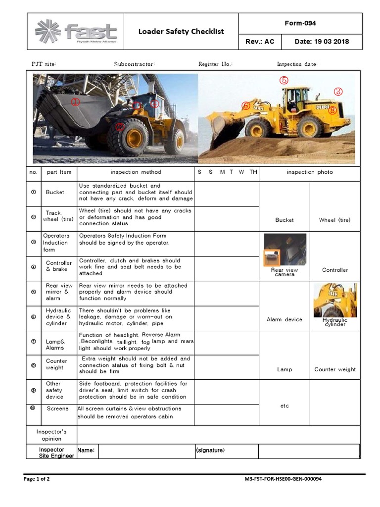 Form-094-Loader Safety Checklist | PDF | Loader (Equipment) | Car Body ...