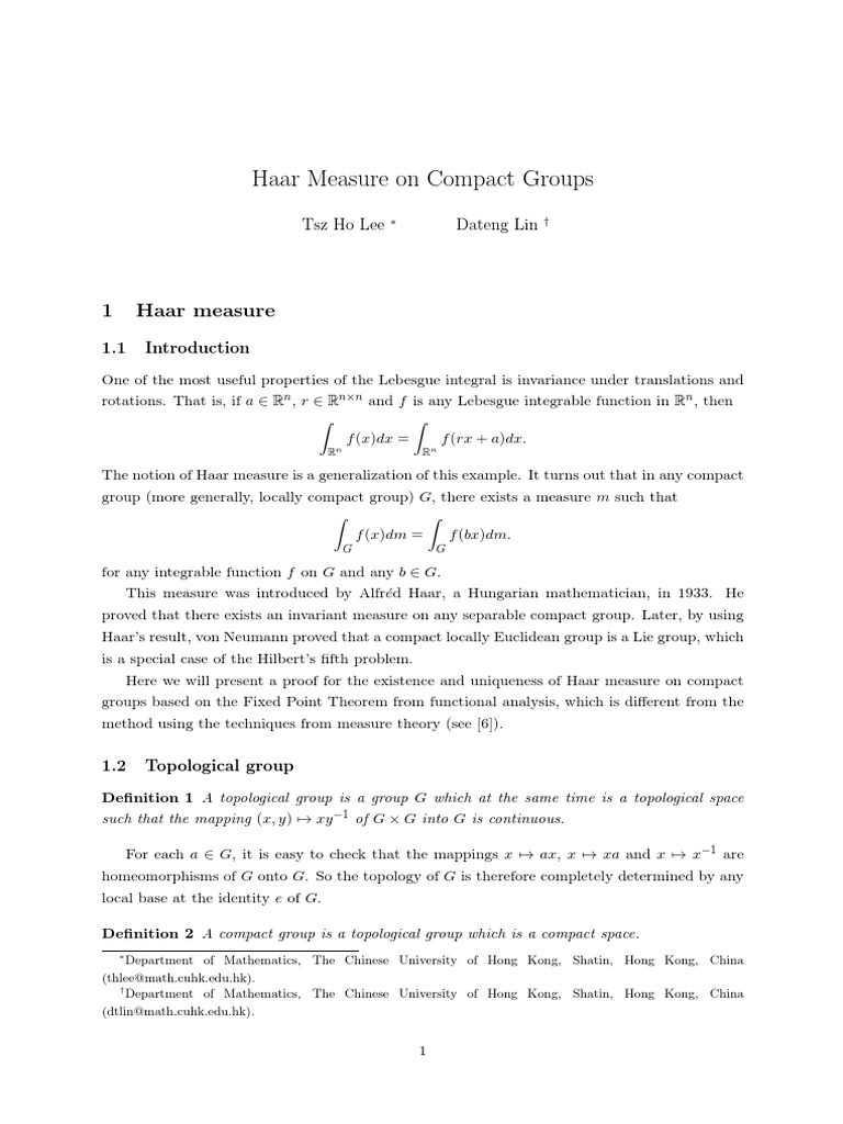 Haar Measure On Compact Groups | PDF | Matrix (Mathematics) | Compact Space