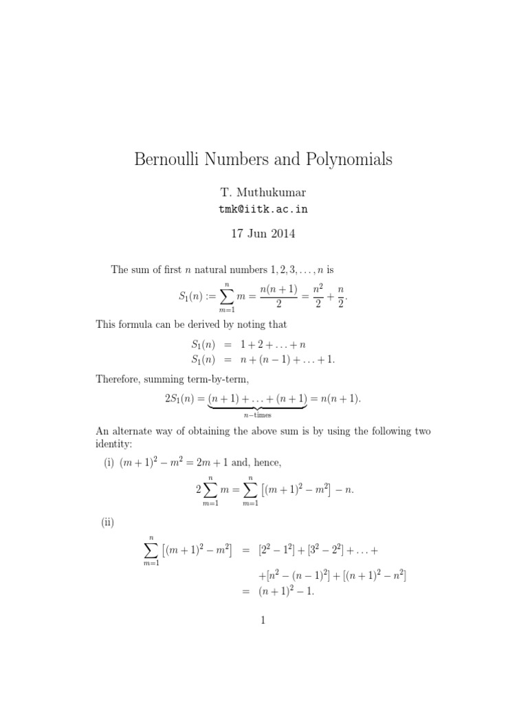 Bernoulli Numbers and Polynomials: T. Muthukumar Tmk@iitk - Ac.in 17 Jun 2014 | PDF | Discrete ...