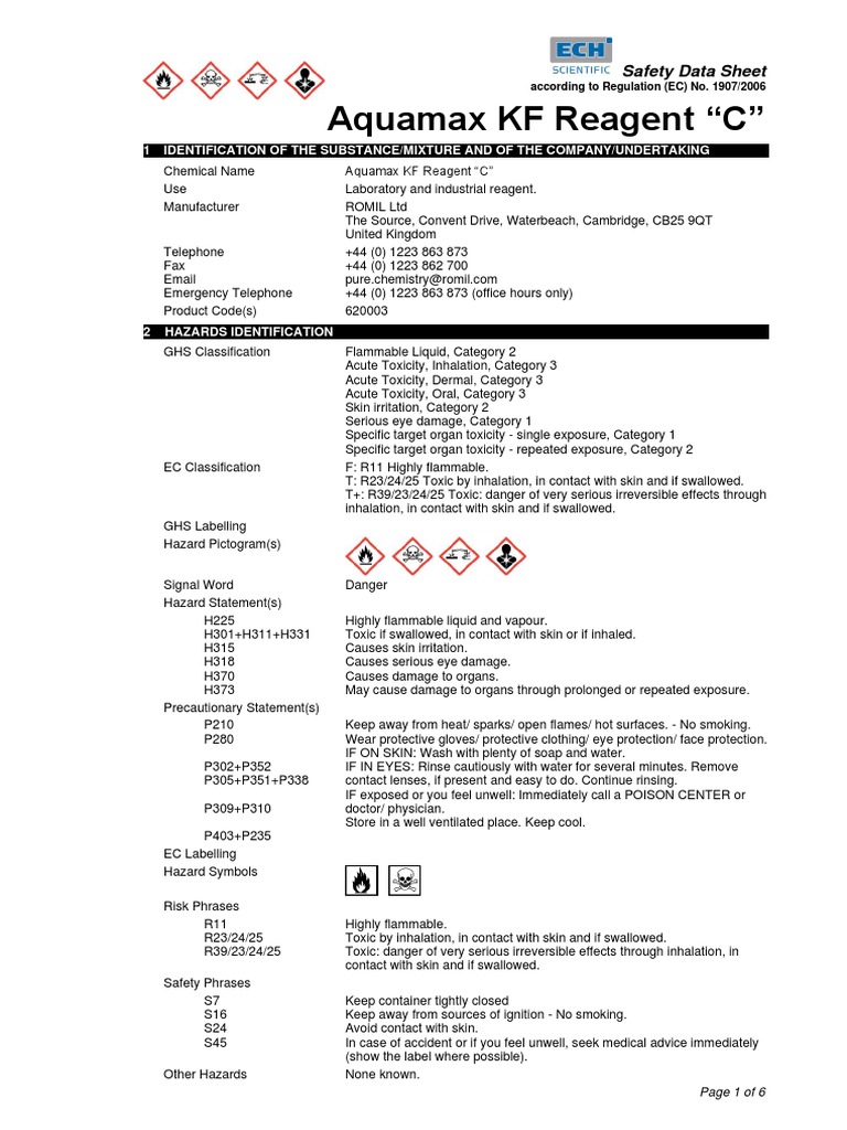 Aquamax KF Reagent C | PDF | Toxicity | Chemistry