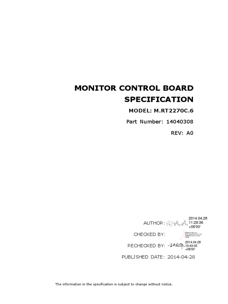 Monitor Control Board Specification: MODEL: M.RT2270C.6 | PDF ...