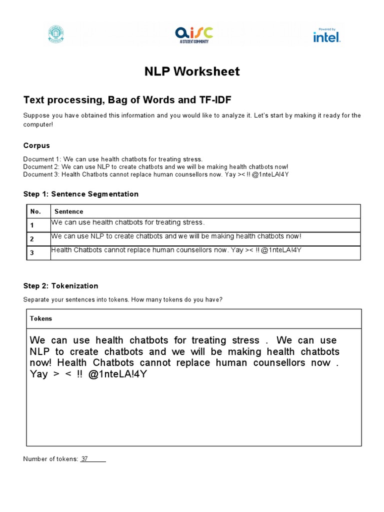 NLP Worksheet: Text Processing, Bag of Words and TF-IDF | PDF | Letter ...