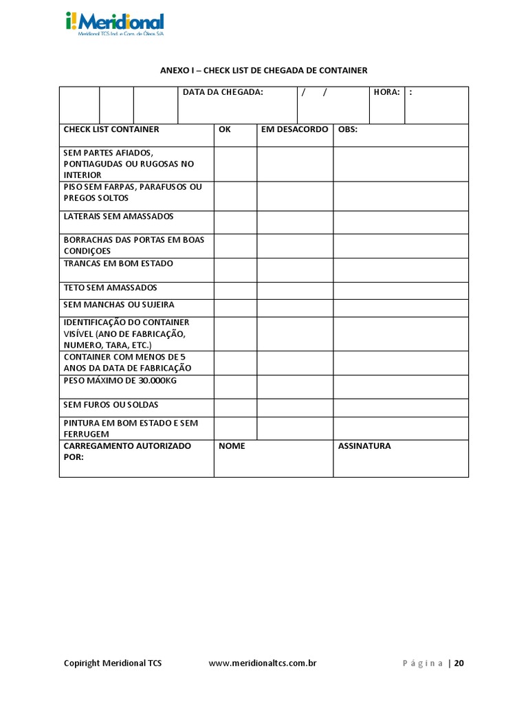 Anexo I - Check List de Chegada de Container: Página | PDF