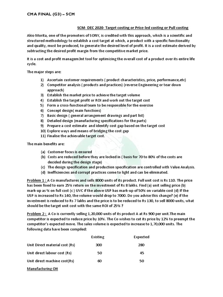 Target costing principles and calculations for product pricing | PDF ...