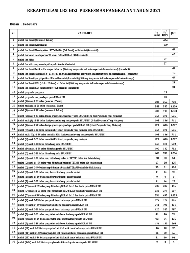 Rekap Gizi Puskesmas Pangkalan 2021 | PDF
