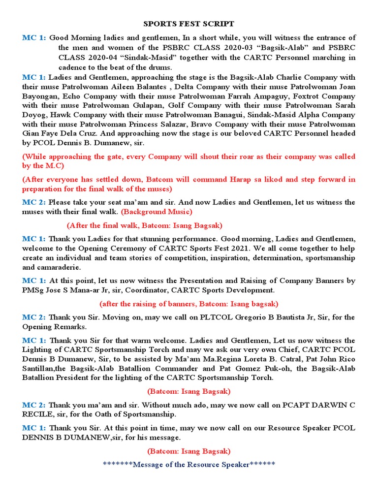 Sports Fest Script: Message of The Resource Speaker | PDF