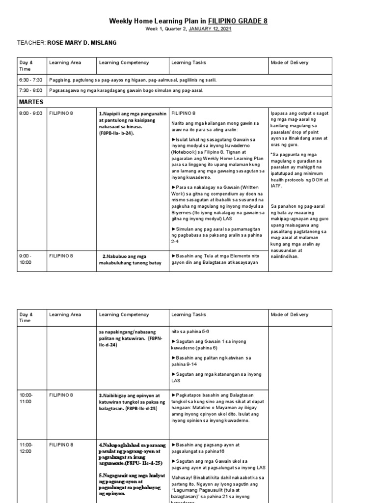 Weekly Home Learning Plan For Grade 8 FILIPINO Jan. 11 152020 2nd ...