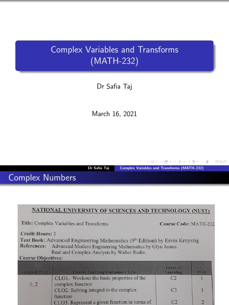 Complex Variables and Transforms (MATH-232) : DR Safia Taj | PDF | Mathematical Analysis ...