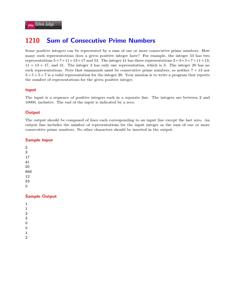 Sum of Consecutive Prime Numbers: Input | PDF