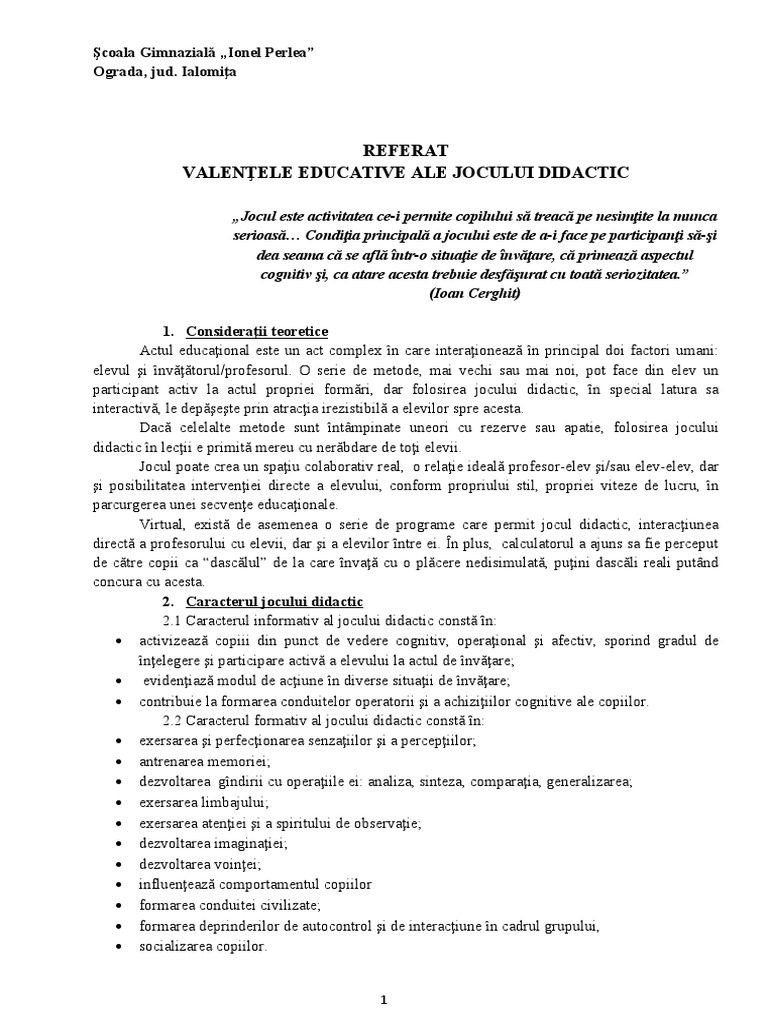 Valentele Educative Ale Jocului Didactic La Clasa Pegatitoare | PDF