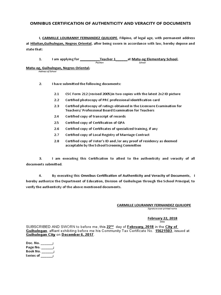 Omnibus Certification of Authenticity and Veracity of Documents | PDF | Authentication | Access ...