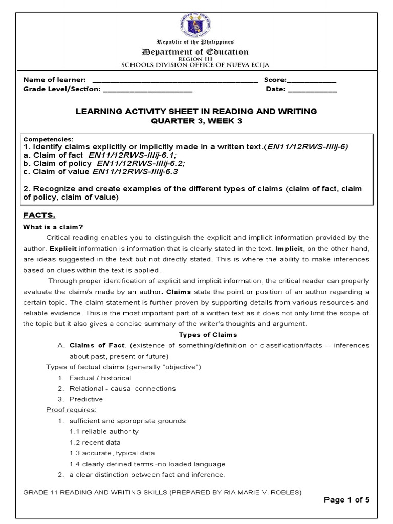 Analyzing Claims in Texts: An Exercise in Identifying Explicit and ...