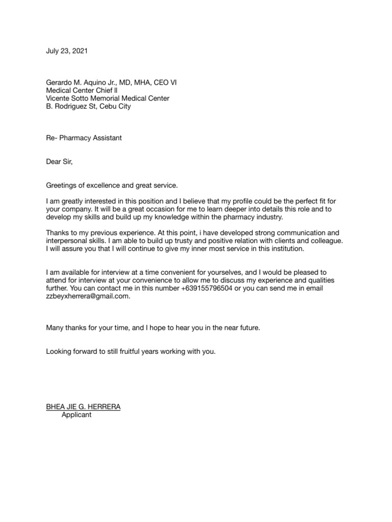 Pharmacy Assistant Application Letter | PDF