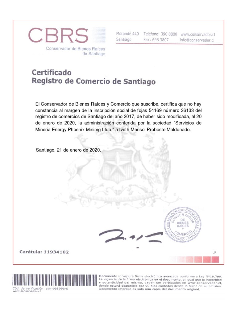 Certificación de Registro Comercial 2020 | PDF