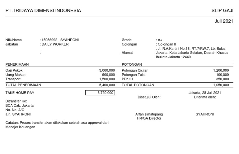 PT - Tridaya Dimensi Indonesia Slip Gaji Juli 2021 | PDF